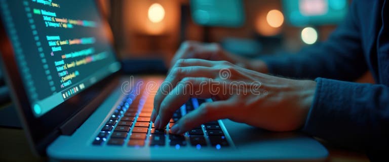 Focused Programmer Codes Intensely on Laptop. Hands Type on Keyboard ...