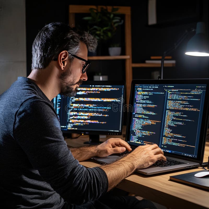 Focused Programmer Coding On Dual Monitors In A Modern Workspace Emphasizing Technology And