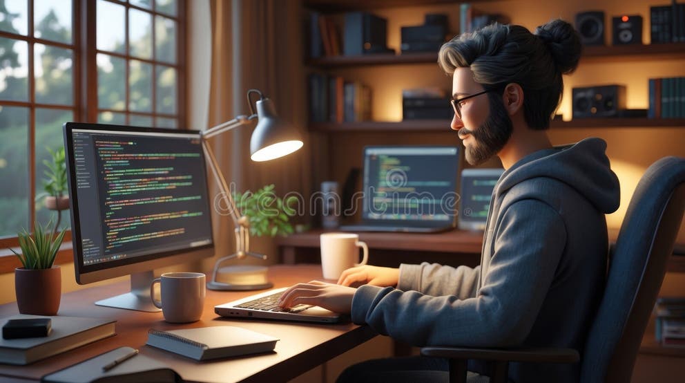 Focused Programmer in a Cozy Home Office Setup with Multiple Monitors ...