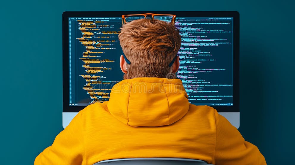 Focused Programmer Coding Software on Computer with Orange Glasses and ...