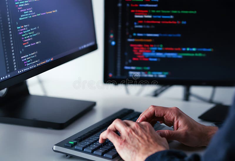 Focused Programmer: Hands Typing Code on Sleek Keyboard, Illuminated Monitors Displaying ...