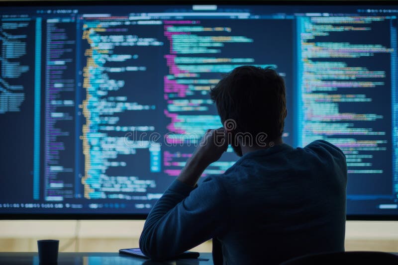 Focused Programmer Sits in Front of a Large Screen Filled with Colorful Code Snippets, Reviewing ...