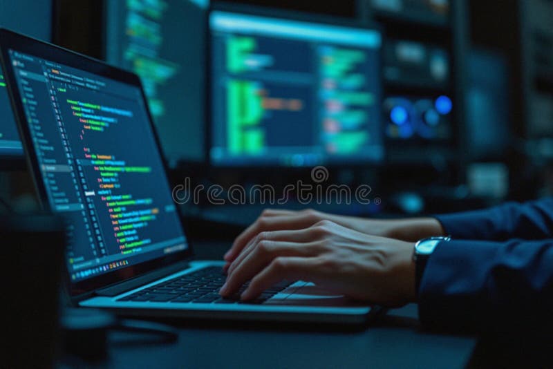 Focused Programmer Working on Code in an Advanced Laboratory Stock Illustration - Illustration ...