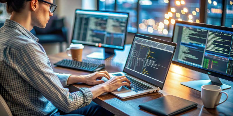 Focused Programmer Working On Code At Desk With Multiple Monitors Programmer Code Software