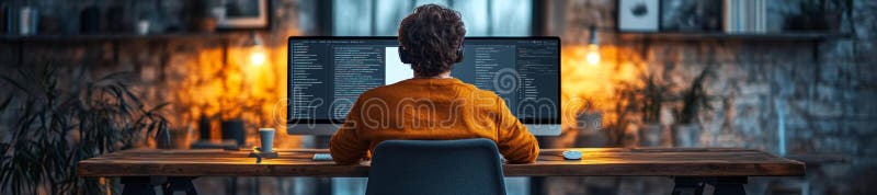 Focused Programmer Working on Computer with Dark Code Interface Stock ...