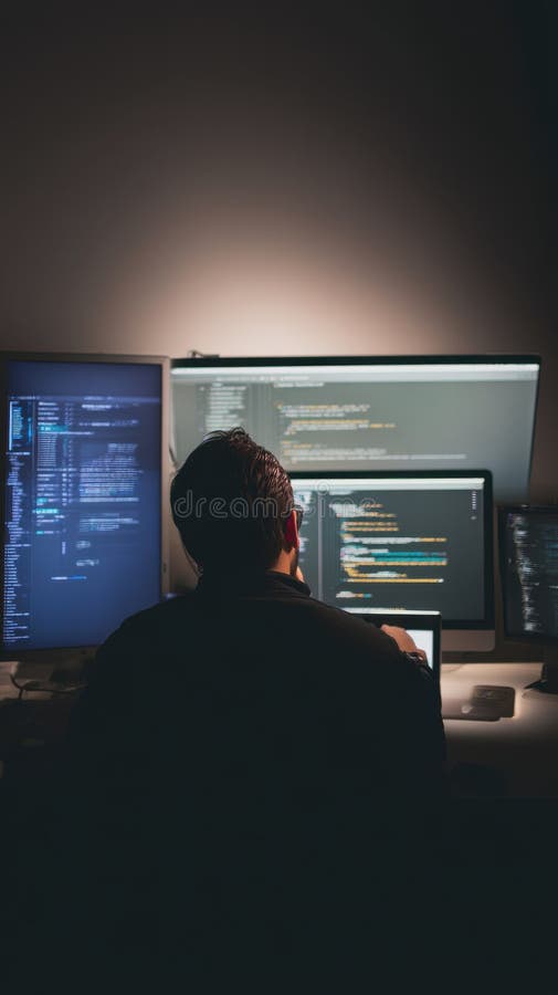 Focused Programmer Working Late with Multiple Computer Screens Stock Illustration - Illustration ...