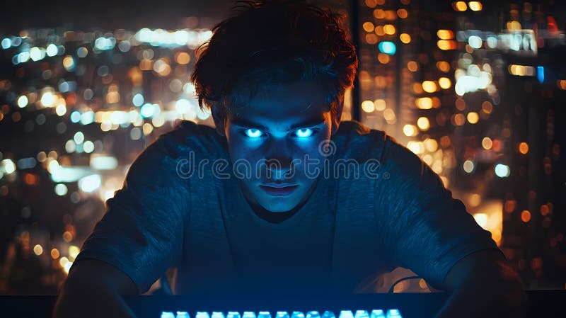 Focused Programmer Working Late Night with Glowing Eyes in City View ...