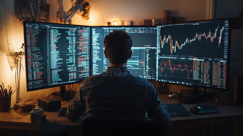 Programmer Working Late at Night with Multiple Monitors Displaying Code and Stock Market Data ...