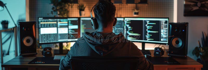 Focused Programmer Working Late at Night with Triple Monitor Setup a ... Focused Programmer Working Late at Night with Triple Monitor Setup a ...