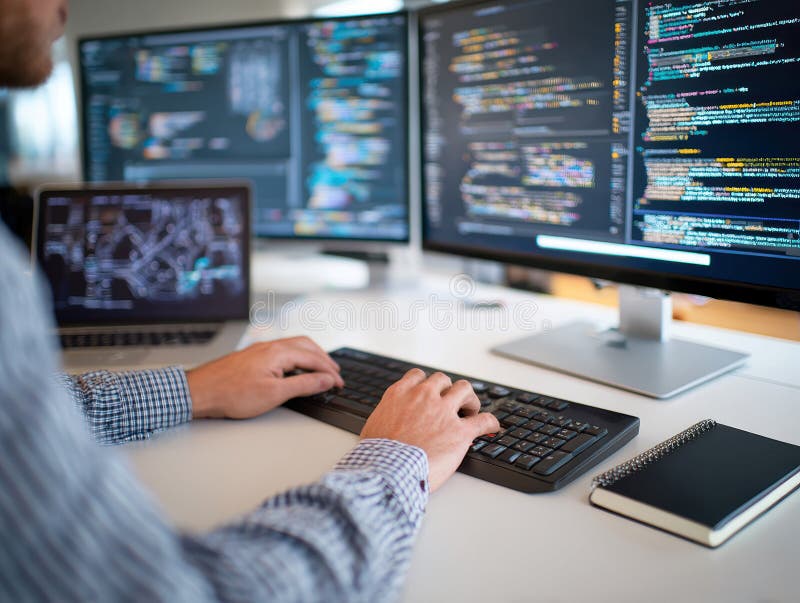 A Focused Programmer Working at a White, Organized Desk with Two Monitors Displaying Software ...