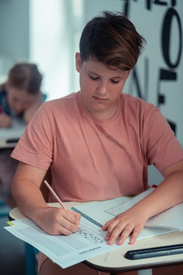 Focused Pupil Writing His Test in a Workbook. Stock Photo - Image of ...