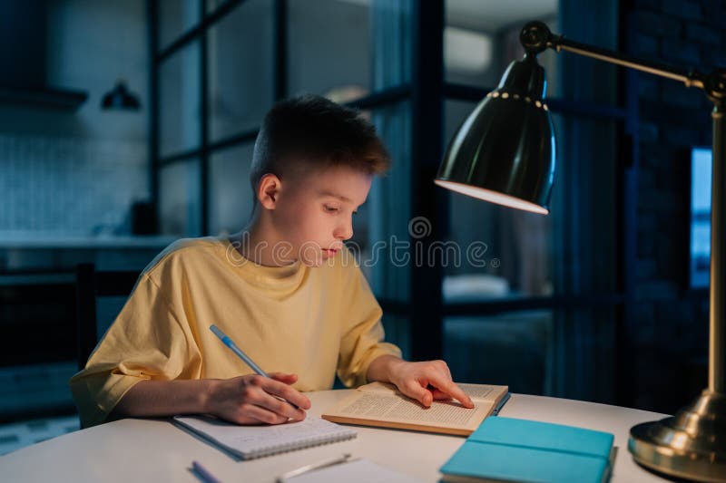 Side View of Focused Schoolboy Studying at Home Doing Homework Sitting ...