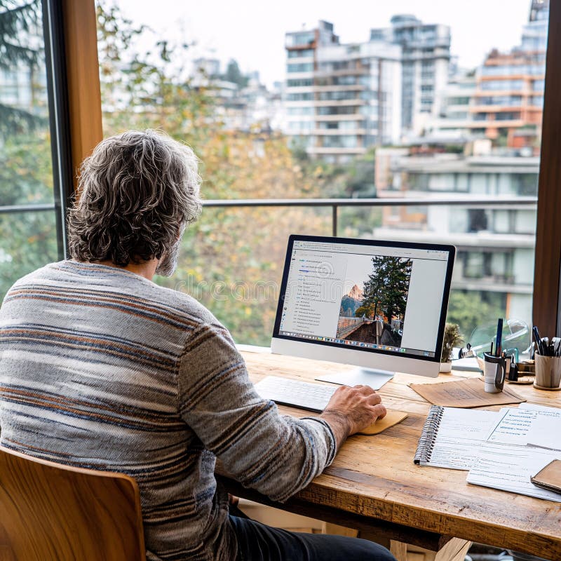 Focused Remote Worker Using a Desktop Computer in a Well-lit, Modern ...