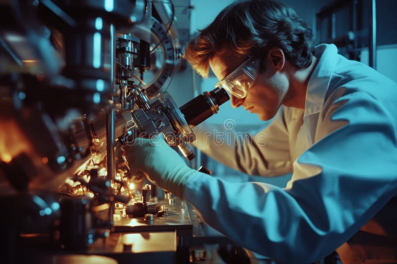 Scientist Examining Nanotechnology Sample Under Microscope in Advanced ...