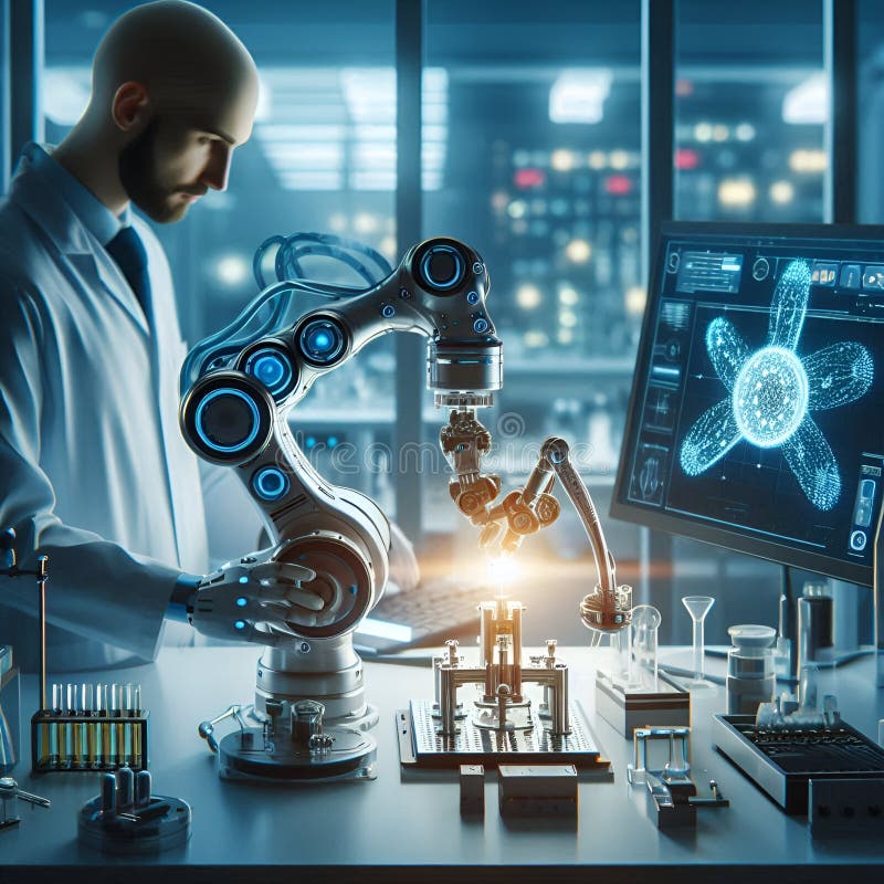 Scientist Overseeing Advanced Robotic Experiment in a Modern Lab Stock ...