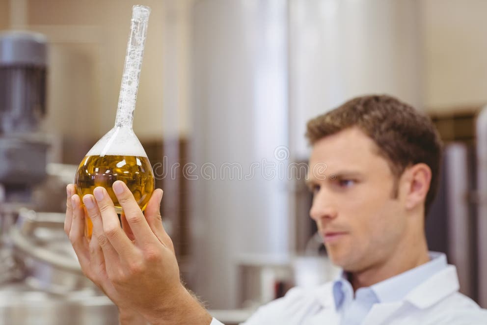 Focused Scientist Looking Beaker with Beer Stock Photo - Image of ...