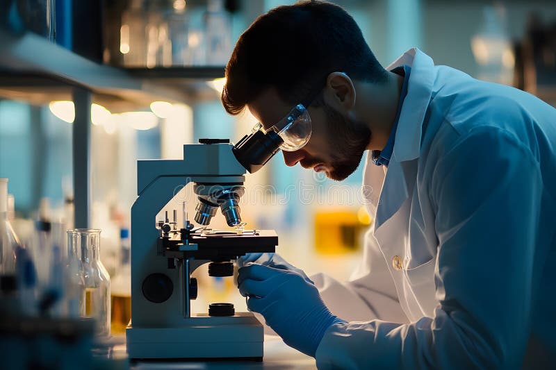 Focused Scientist Using a Microscope in a Laboratory Investigating ...