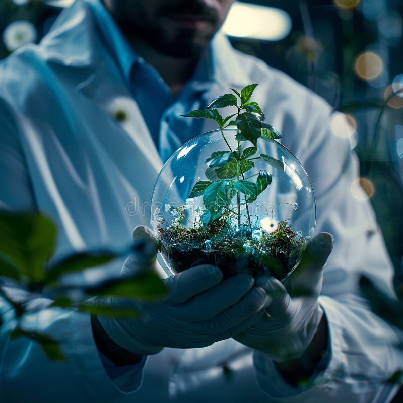Focused Scientist Observes a Plant in a Biosphere, Highlighting ...