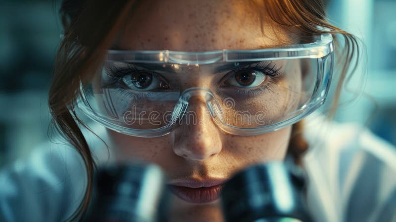 Focused Scientist Wearing Safety Goggles Looking into a Microscope in a ...