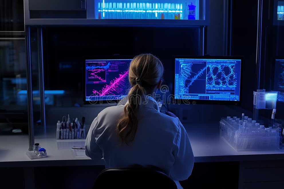 A Scientist Analyzes Complex Data in a Lab, Using Advanced Technology and Tools for Research ...