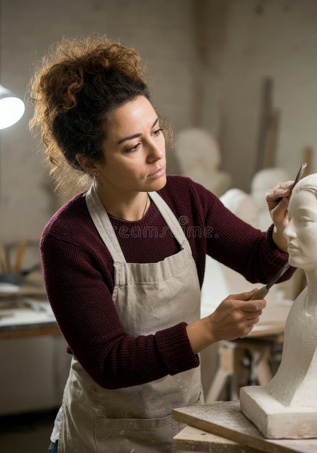 Focused Sculptor in Studio Creating Detailed Clay Bust with Precision ...