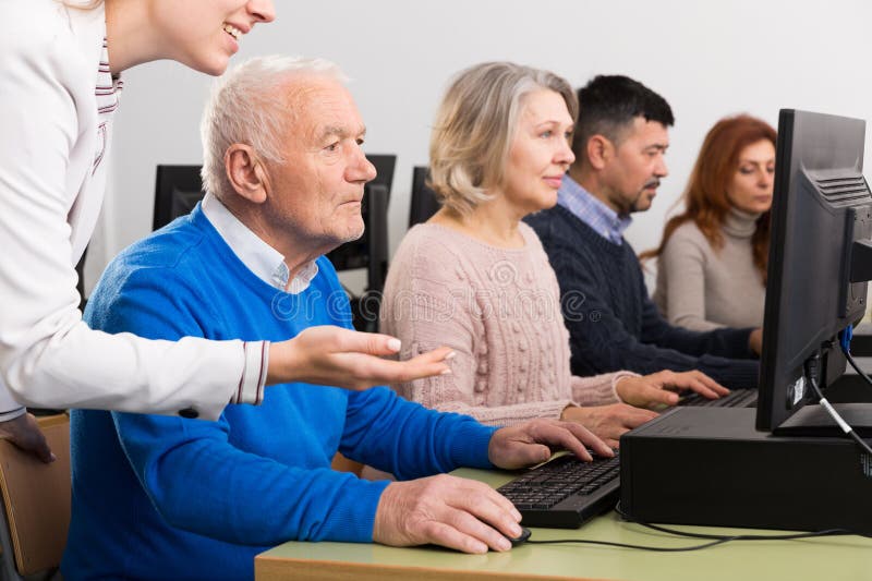 Focused Senior Man during Computer Classes Stock Image - Image of ...