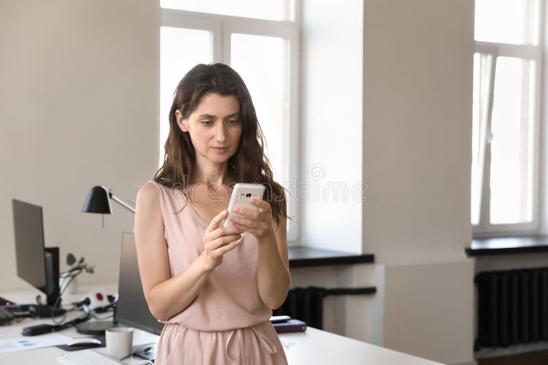 Focused Serious Young Office Worker Woman Using Online App Stock Image ...