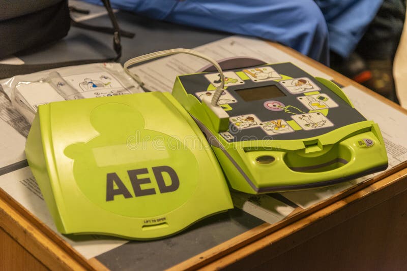 Focused Shot of an AED, a Vital Link in Survival, during Emergency ...