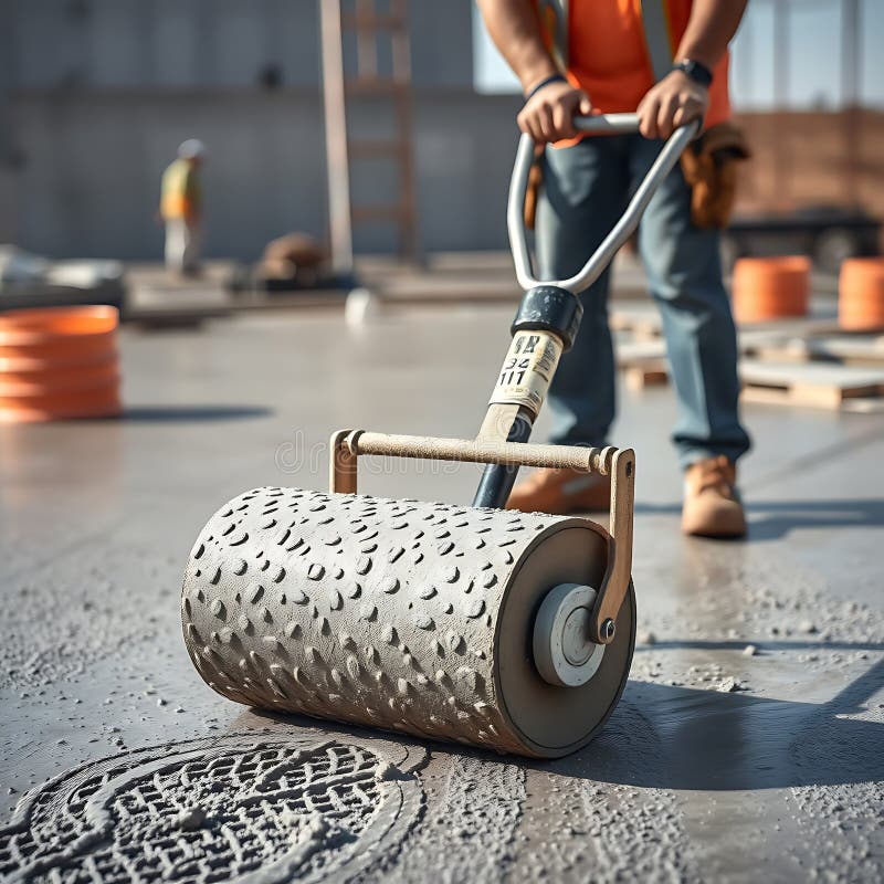 Focused Shot of a Concrete Texture Roller in Use on a Freshly Poured ...