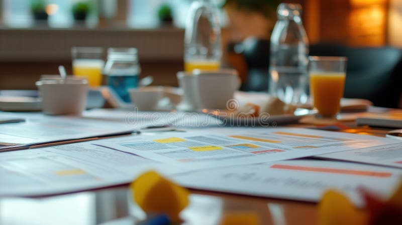 Focused Shot of a Meeting Table Covered in Strategic Planning Documents ...