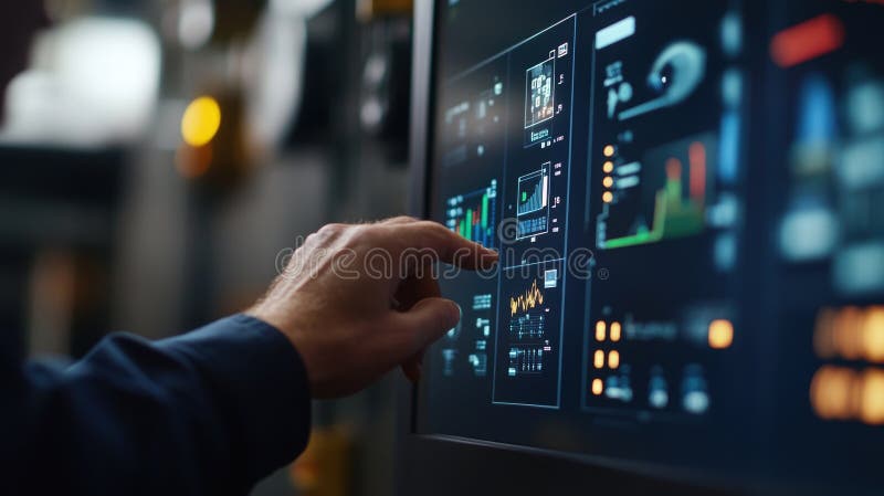 A Focused Shot of a Technicians Hands Manipulating a Touchscreen Interface Where Dynamic Graphs ...