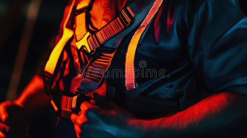 A Focused Shot of a Workers Hand Adjusting a Safety Harness with ...