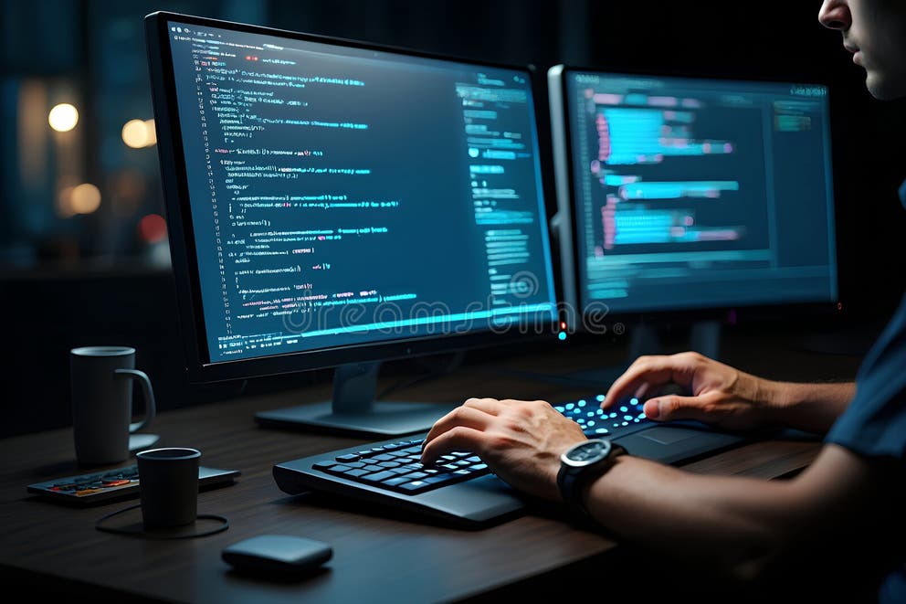 Focused Software Developer Coding on Computer with Dual Monitors Stock Illustration ...