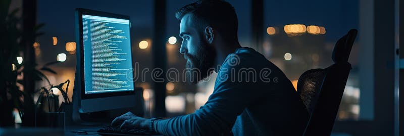 Focused Software Developer Coding on Desktop Computer in a Dimly Lit ... Focused Software Developer Coding on Desktop Computer in a Dimly Lit ...
