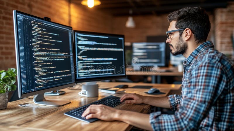 Focused Software Developer Coding on a Dual Monitor Setup in an ... Focused Software Developer Coding on a Dual Monitor Setup in an ...