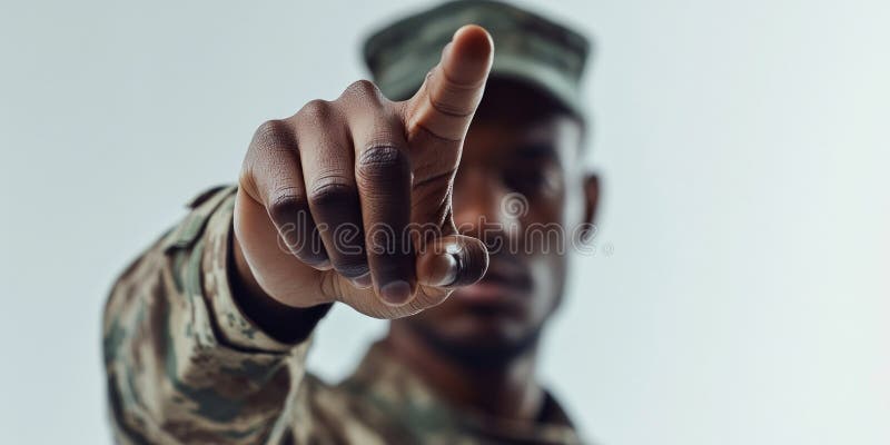 A Focused Soldier in Military Uniform Points a Finger Directly at the ...