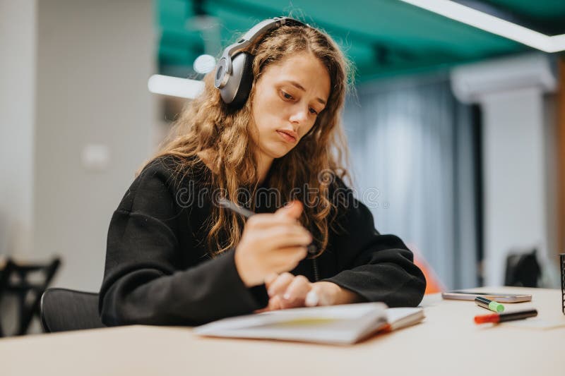 Focused Student in Classroom Taking Notes while Wearing Headphones ...