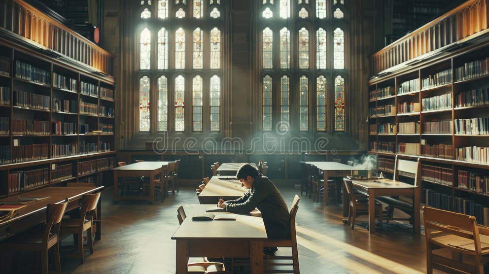 Focused Student is Deeply Engaged in Studying at the Library ...