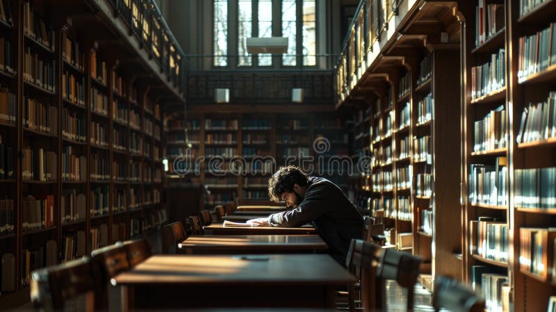 Focused Student is Deeply Engaged in Studying at the Library ...