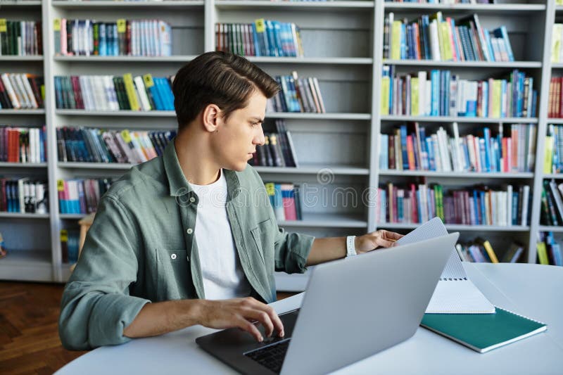 Focused Student Studies Quietly in a Library Surrounded by Shelves of ...