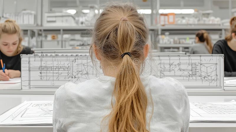 Focused Student Engaged in Architectural Design Class in Modern ...