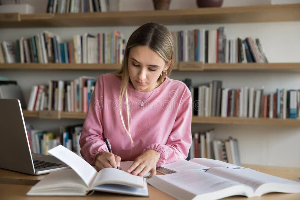 Focused Student Girl Studying Alone in Library Stock Image - Image of ...