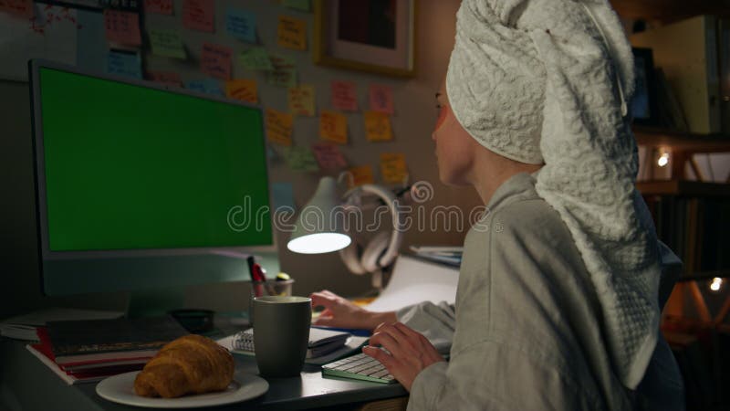 Focused Student Looking Mockup Computer Home Closeup. Housewife ...