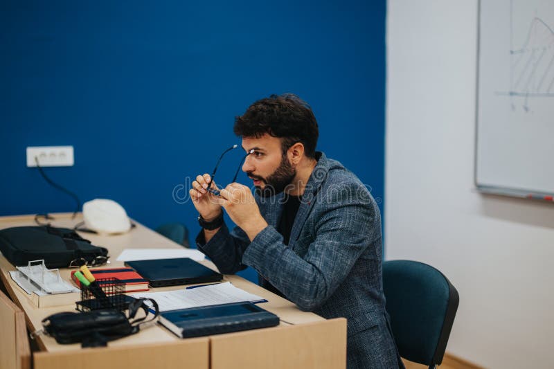 Focused Student Preparing for a Class Presentation in a Classroom ...