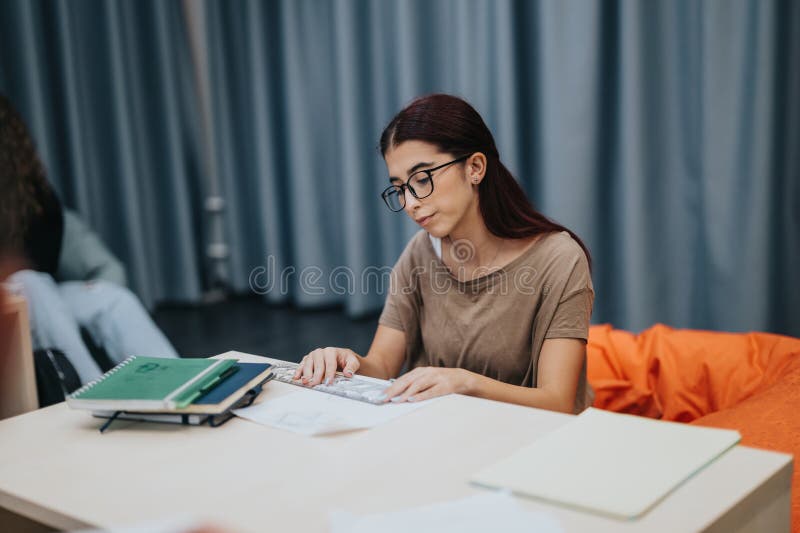 Focused Student Studying at Classroom Desk with Textbooks and Notes ...