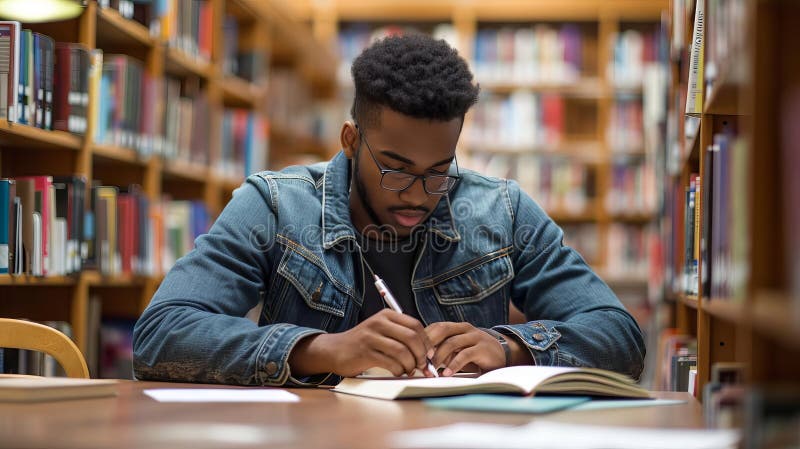 Focused Student Studying in a Library Stock Illustration - Illustration ...
