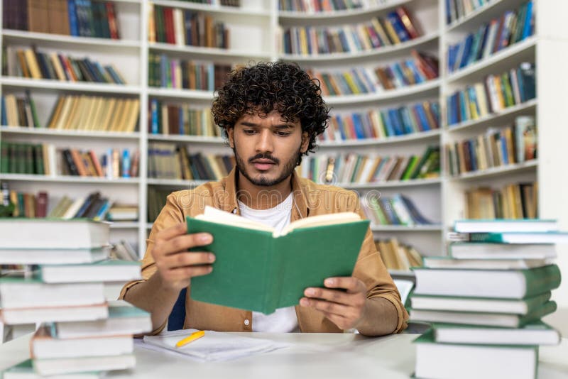 Focused Student Studying in Library Surrounded by Stacks of Books Stock ...