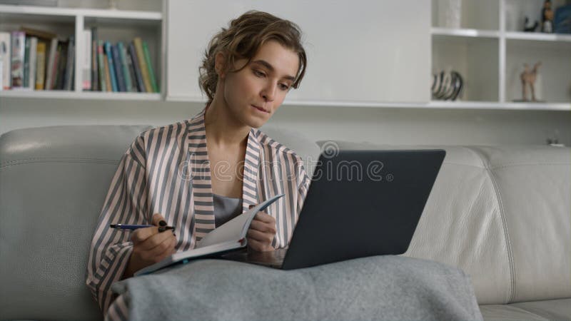 Focused Student Watching Webinar at Home Office Closeup. Thinking Lady ...