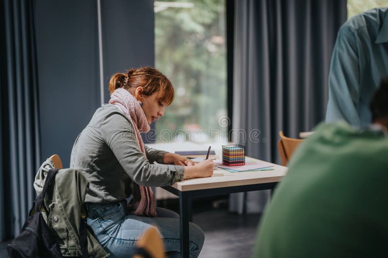 Focused Student Working on Her Individual Tasks in a Modern Classroom ...