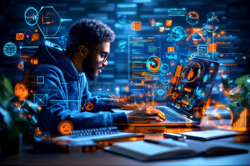 Focused Student Working on Laptop, Surrounded by Digital Data and ...